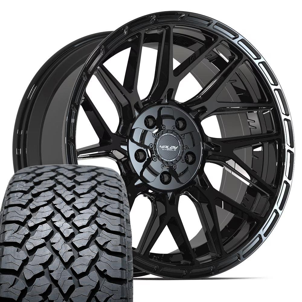 4PLAY 4PS28 20x9 5-Lug -6mm Brushed Black Wheel Tire Set For Truck SUV ...