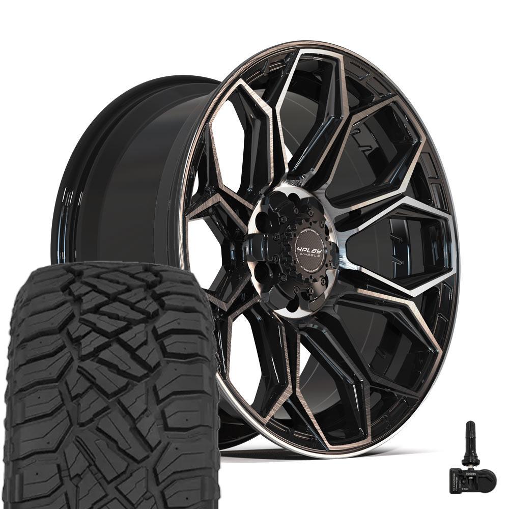 4PLAY 4P83 20x9 6-Lug 28mm Brush Black Rim Tire TPMS Set For Truck – OE ...