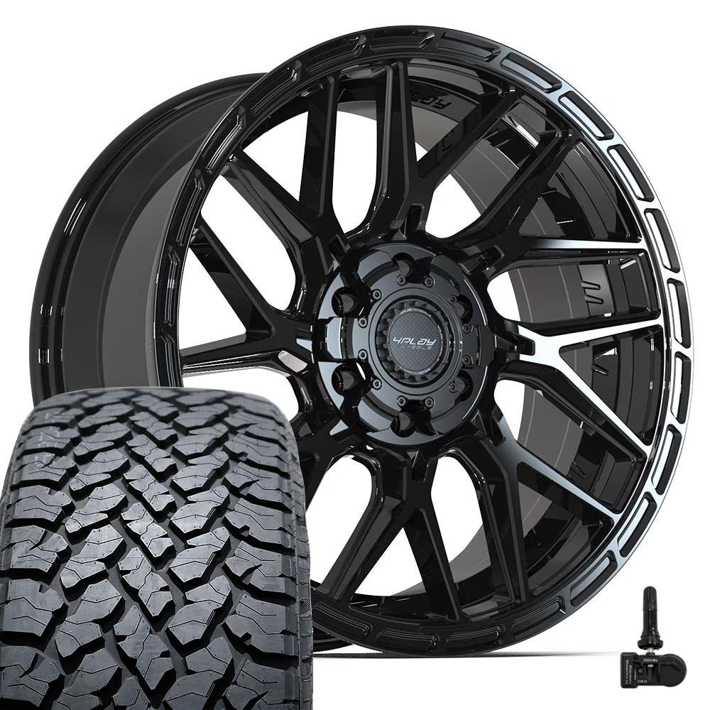 4PLAY 4PS28 20x9 6-Lug 18mm Brushed Black Wheel Tire TPMS Set For Truck ...