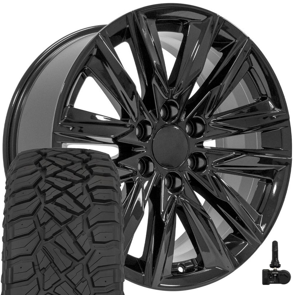 CA91 20x9 Gloss Black Escalade Sport Replica Rim Sailun Tire TPMS Set ...